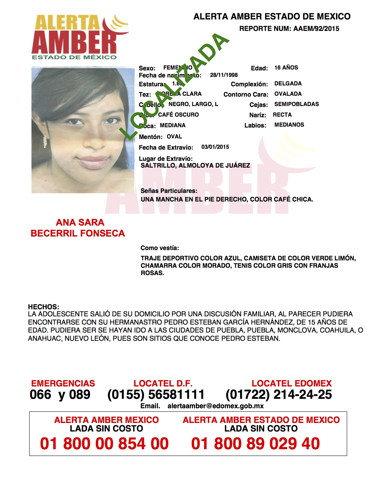 ALERTA AMBER: ANA SARA BECERRIL FONSECA Reporteros en Movimiento