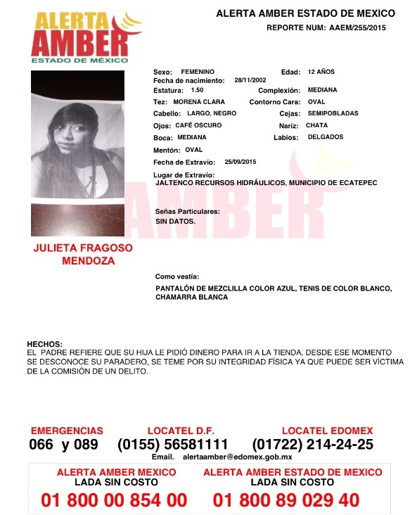 ALERTA AMBER: AYUDANOS A BUSCAR A JULIETA FRAGOSO MENDOZA Reporteros en ...